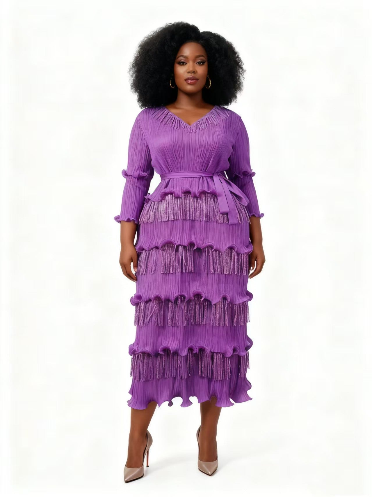 Tiered Fringe Pleated Midi Dress - 83011 - Especially Yours