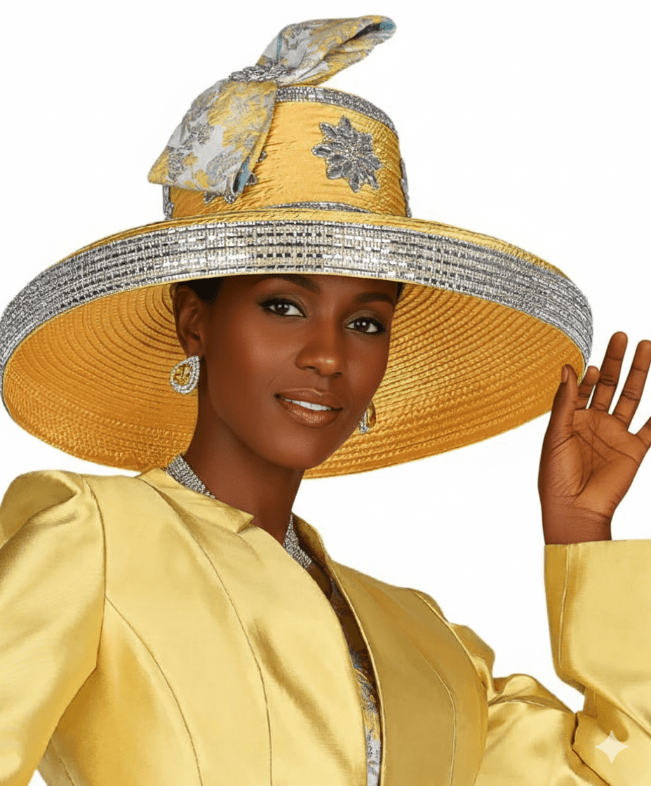 Elegant Gold Wide Brim Church Hat with Embellished Crown Style H6209-GO ...